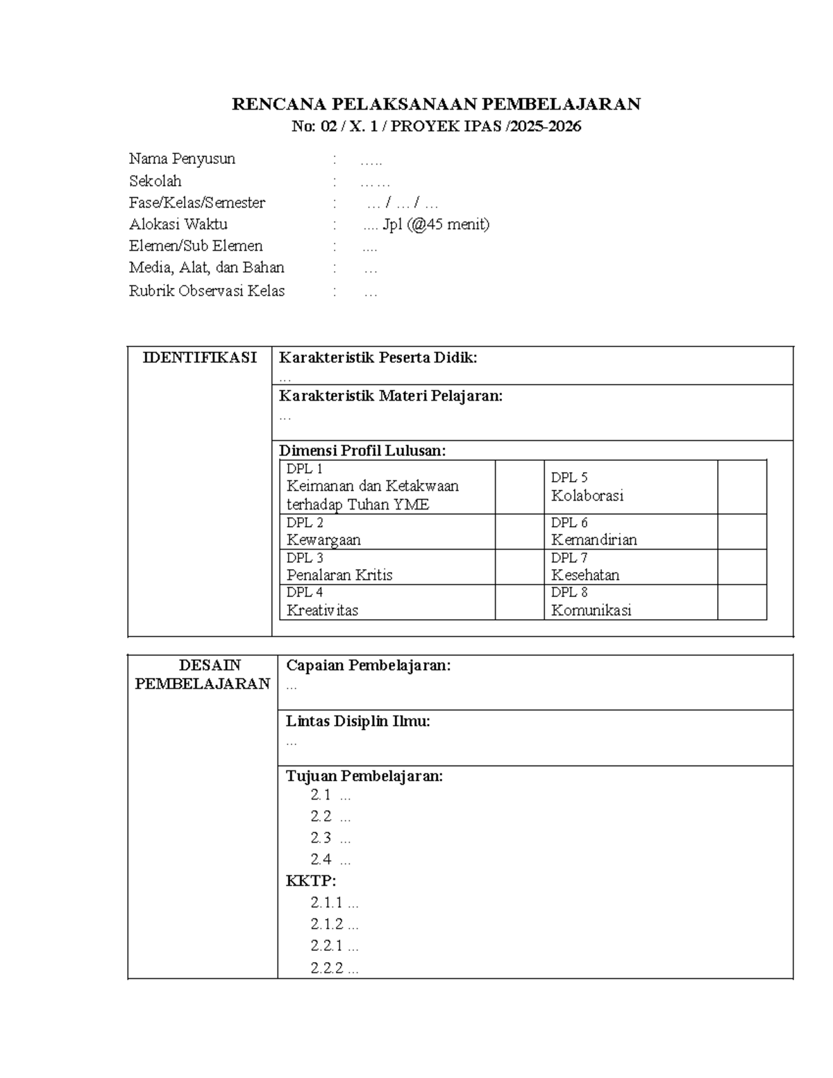 RPP Proyek IPAS No: 02 X.1 untuk SMK - Desain Pembelajaran dan Evaluasi ...