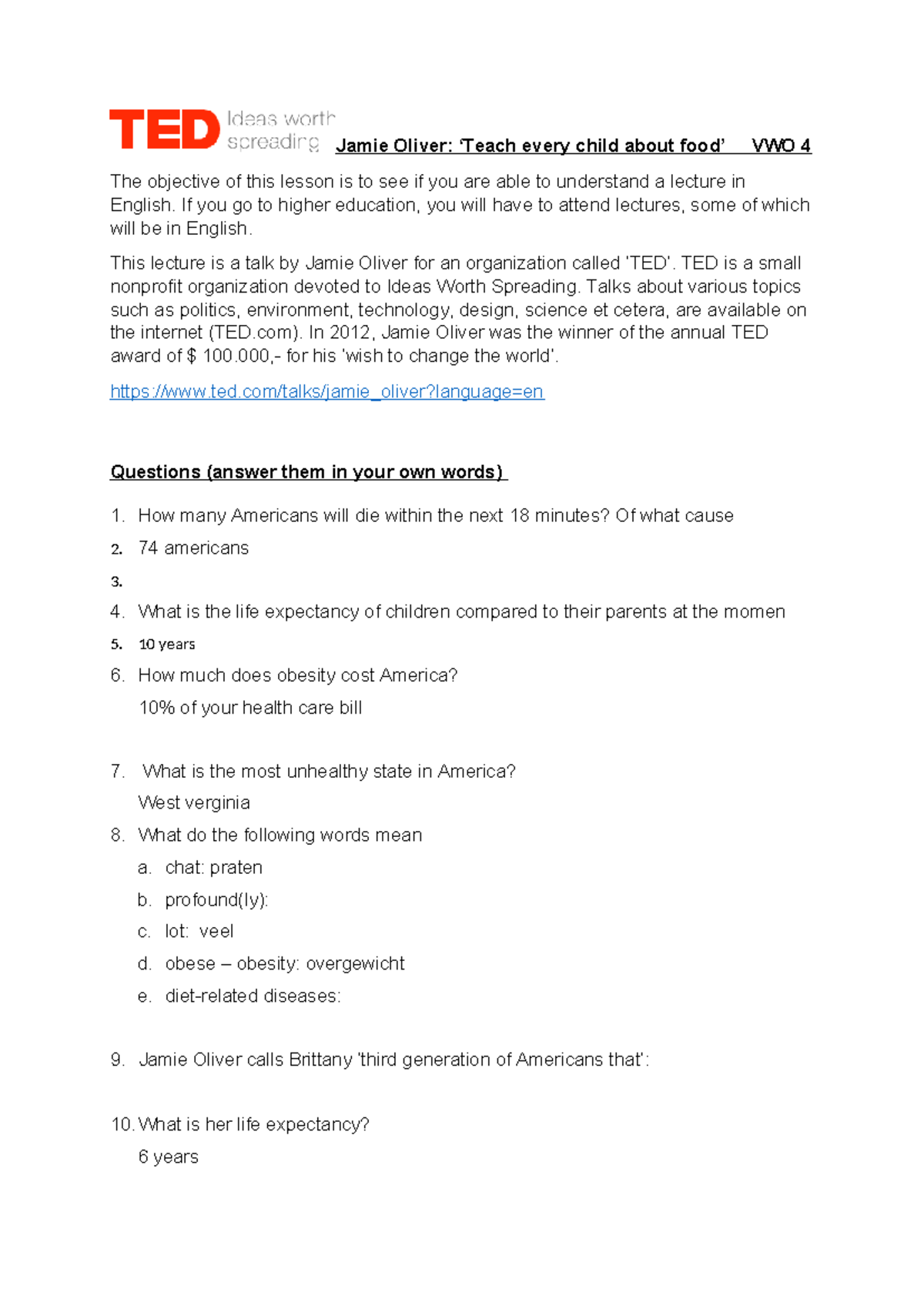 VWO 4: Jamie Oliver TED Talk Lecture Assignments - Studeersnel