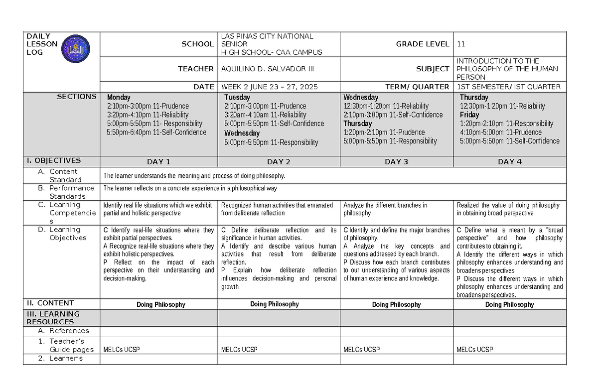 Philo DLL G11 Week 2 Lesson Plan: Philosophy of the Human Person - Studocu