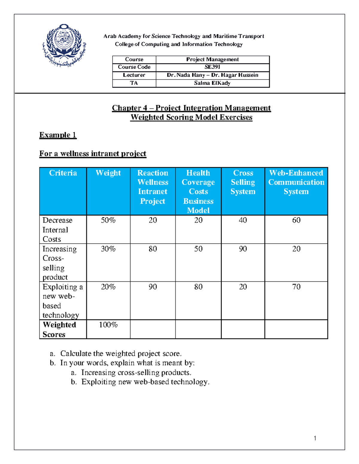Chapter 4 - Weighted Scoring Model Examples - Arab Academy for Science ...