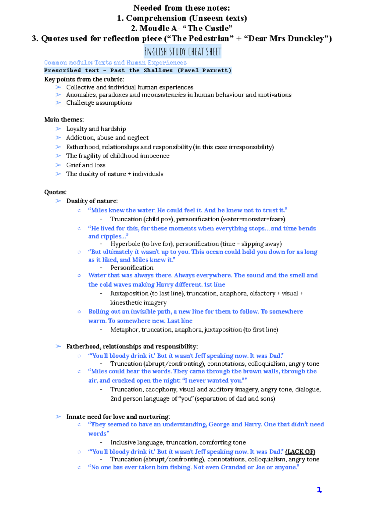 Creative Writing Cheat Sheet: Key Quotes & Themes (ATAR Notes) - Studocu