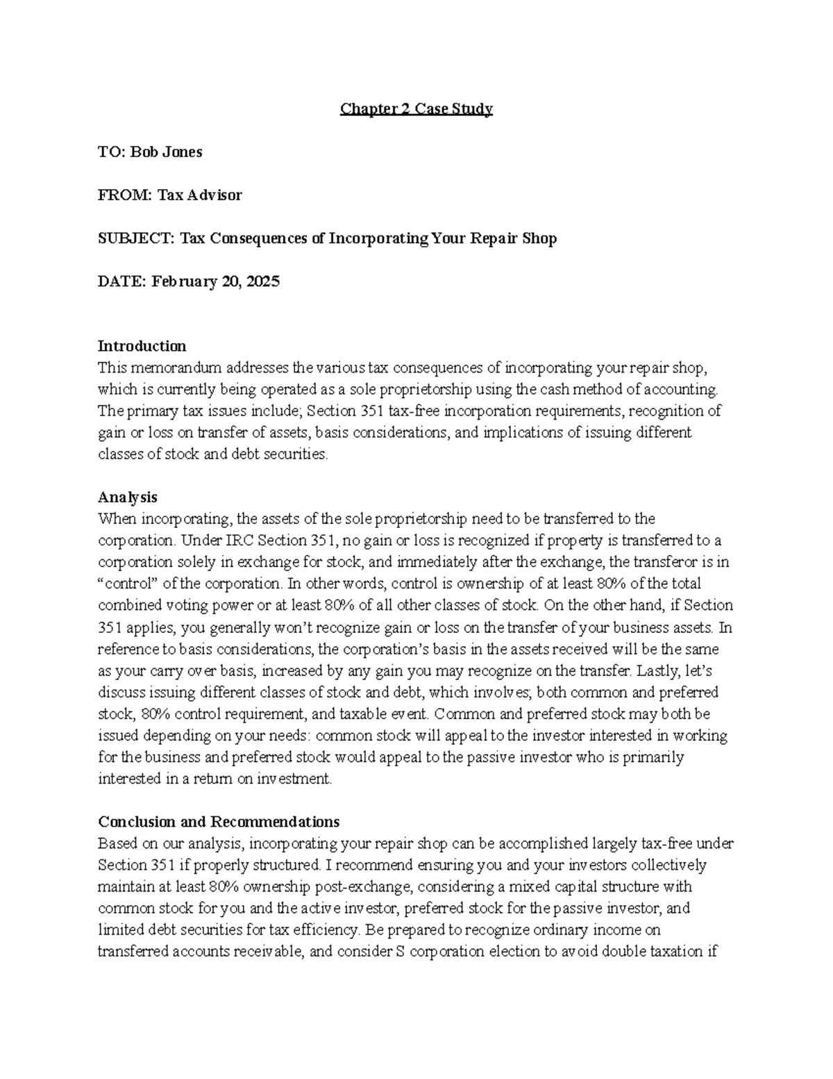Chapter 2 Case Study - n/a - Chapter 2 Case Study TO: Bob Jones FROM ...