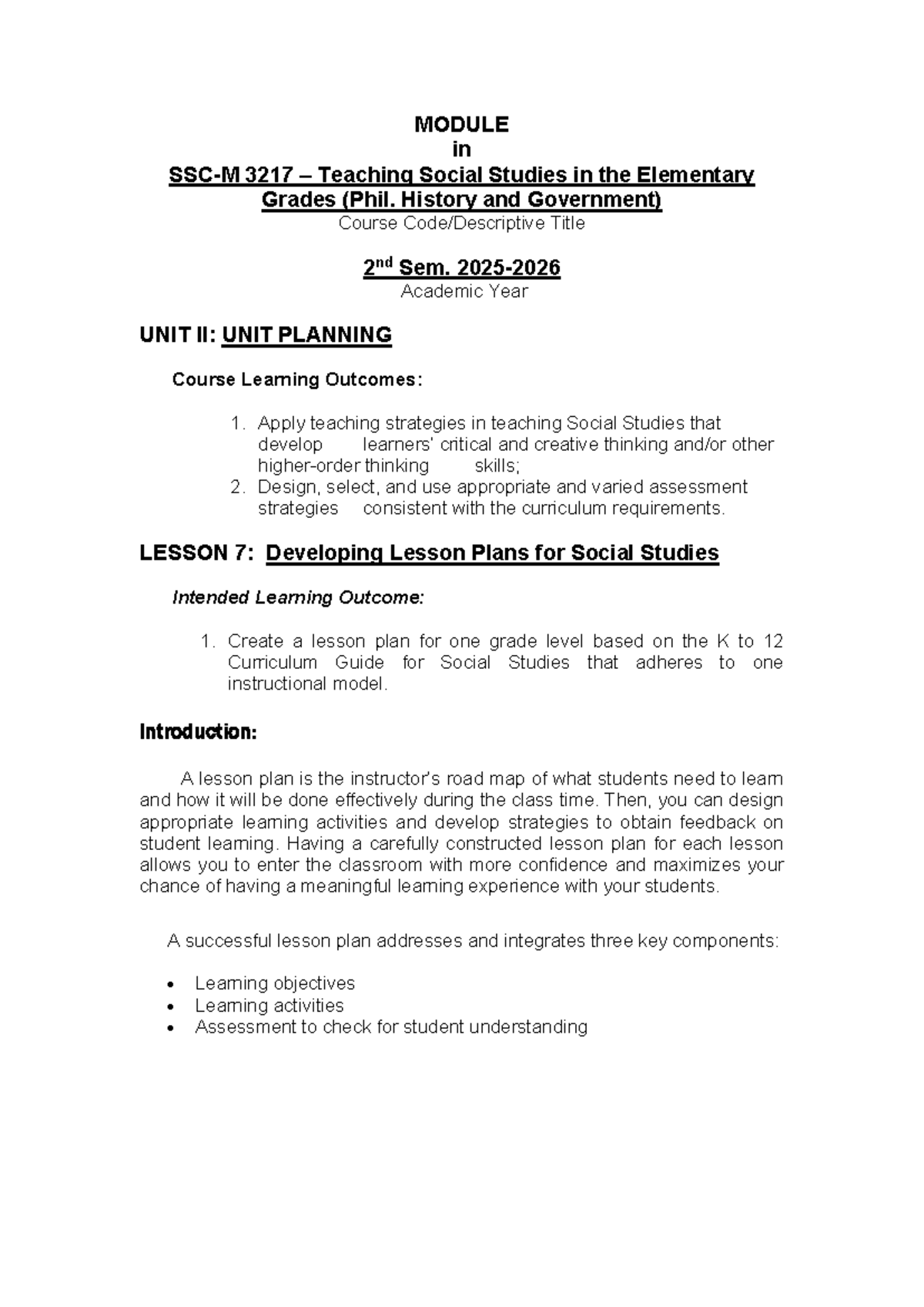 Lesson 7: Developing Lesson Plans for Social Studies (EDUC 3217) - Studocu