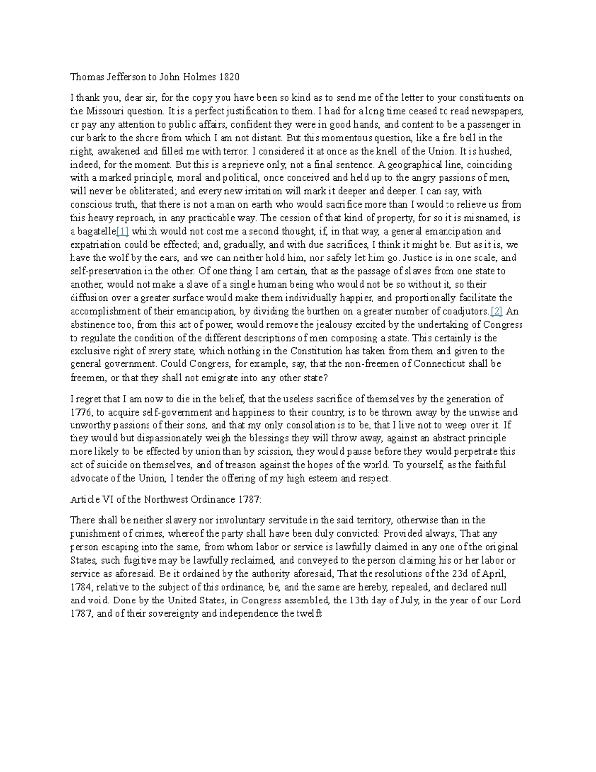 Thomas Jefferson's Reflections on Union and Slavery: A Letter (1820 ...