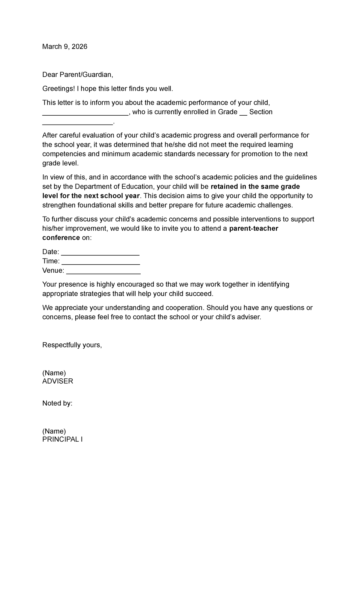 Letter to Parents: Academic Performance Update for Grade Retention ...