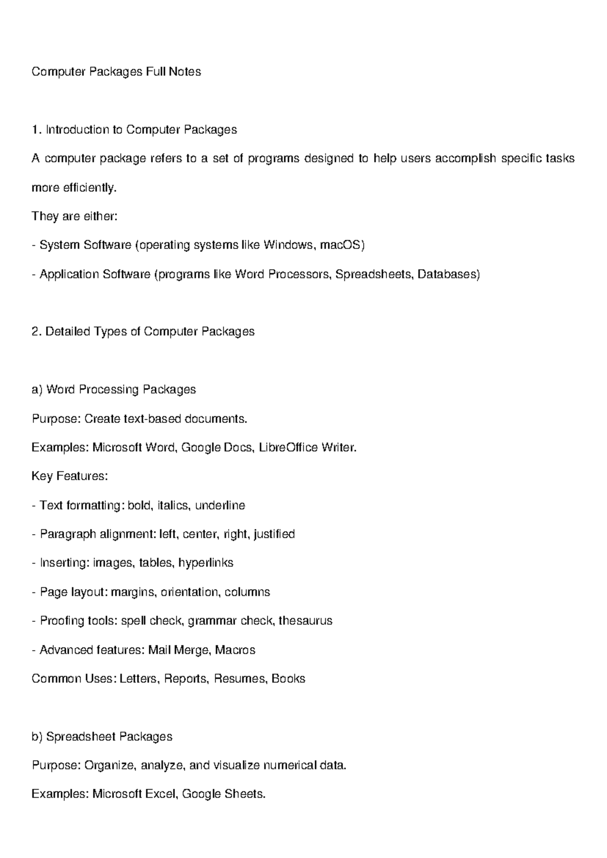 COMPUTER PACKAGES: Comprehensive Notes on Software Types and Skills ...
