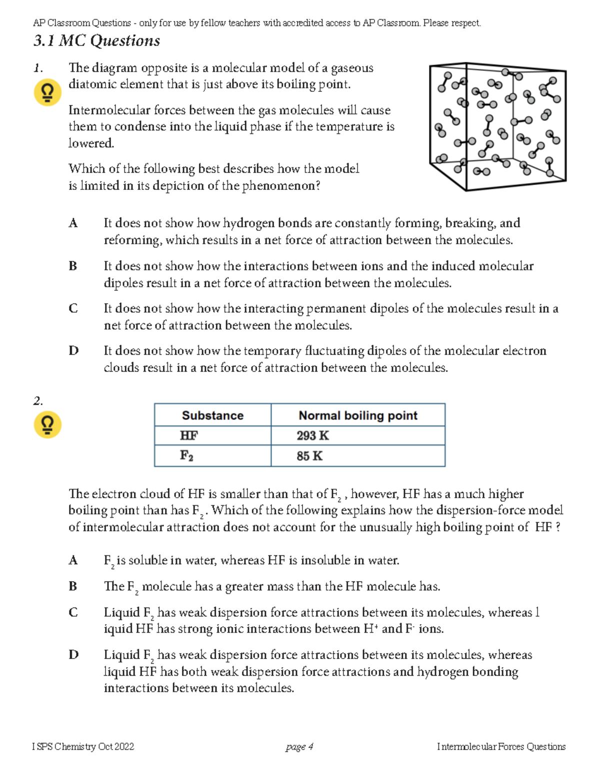AP Chemistry Intermolecular Forces Practice Questions (ISPS Chemistry ...