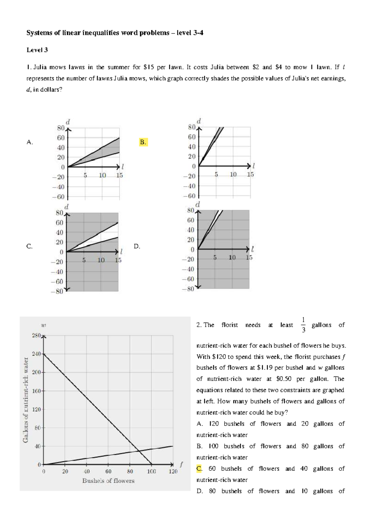 Systems of Linear Inequalities Word Problems - Level 3-4 - Studocu