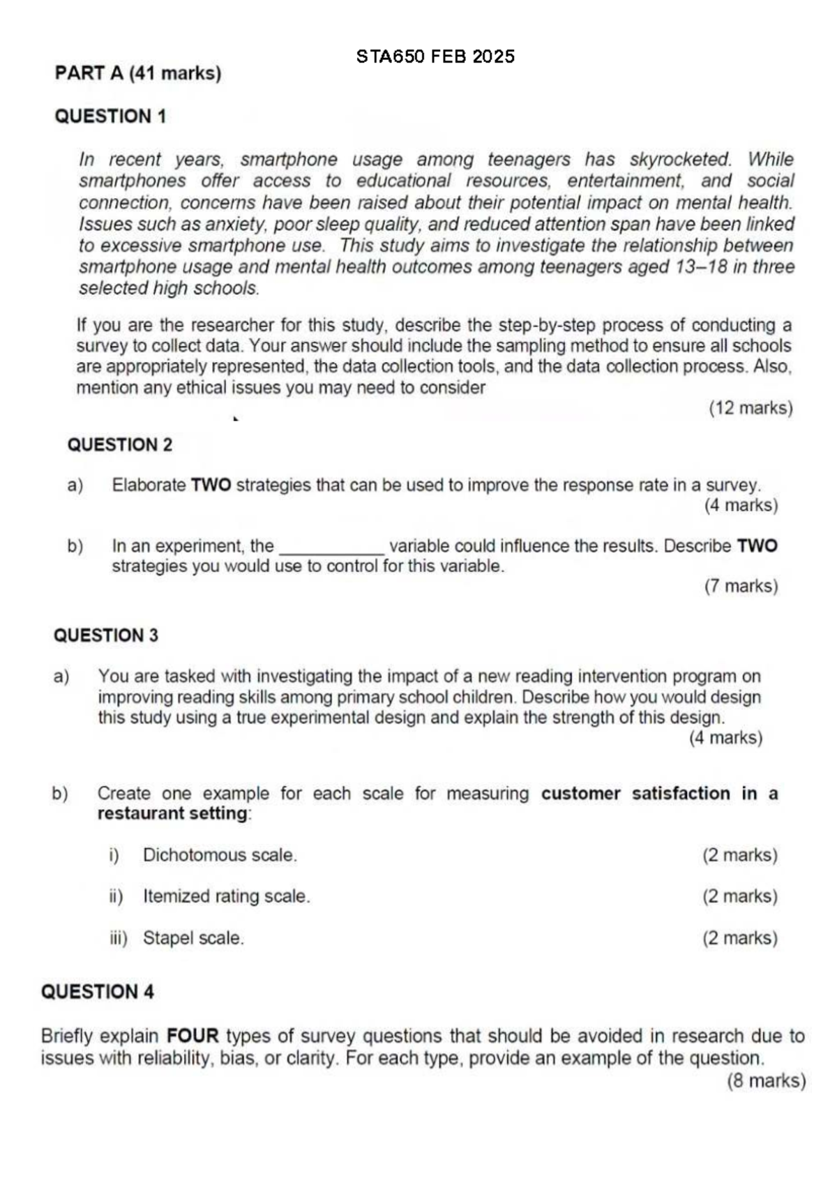 PYQ STA650 FEB 2025 - Survey Methodology & Experimental Design Insights ...