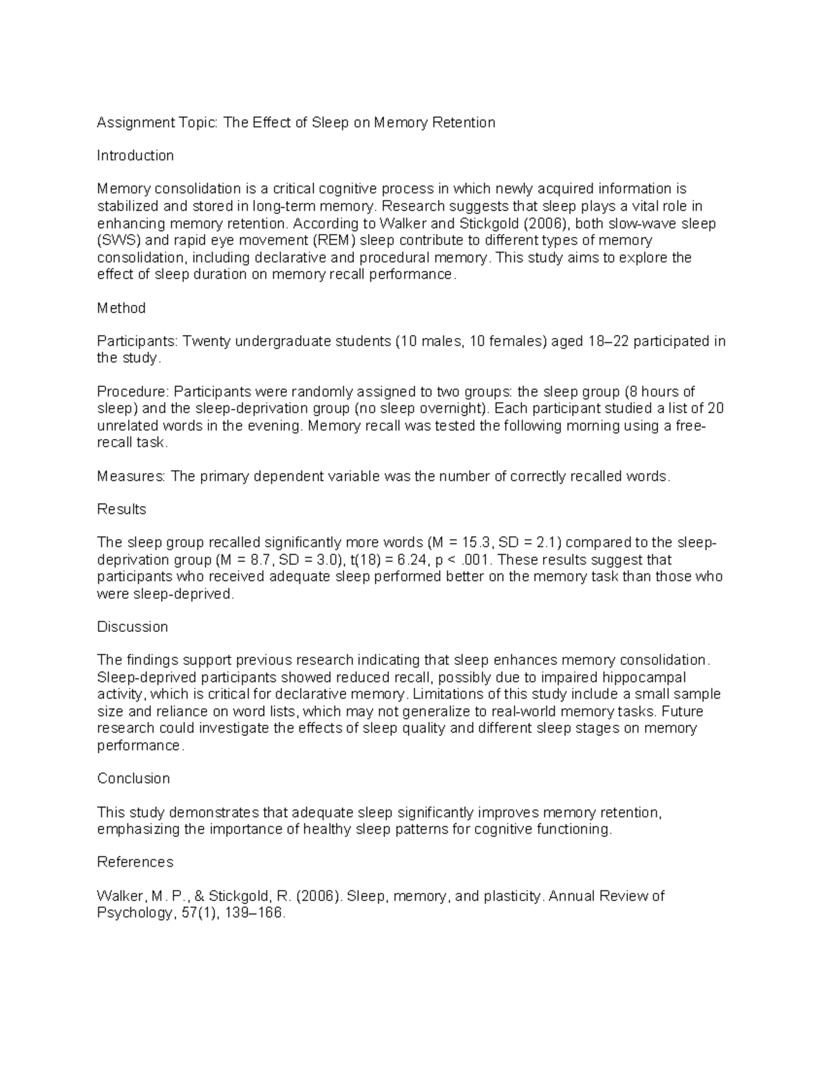 PSY 101: The Impact of Sleep on Memory Retention - Assignment 1 - Studocu