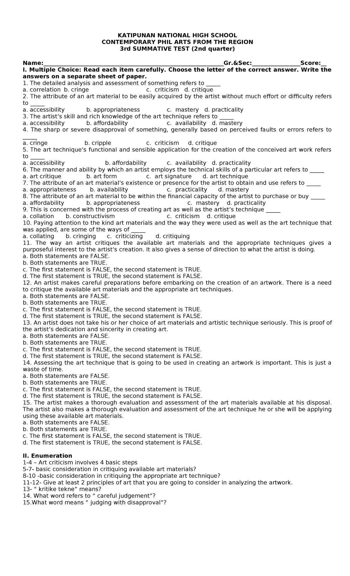 CPar - 3rd Summative Test SY 2024-2025 for 2nd Quarter Set B - Studocu