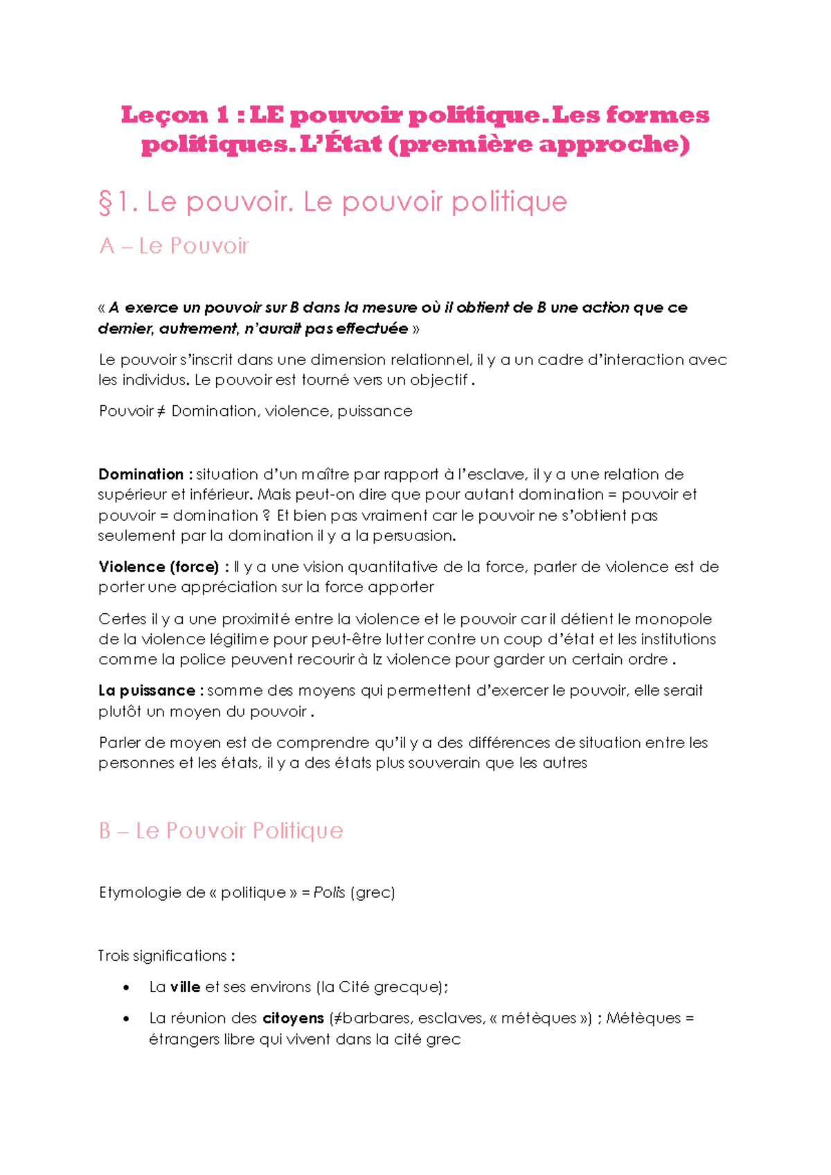 Leçon 1 : Le Pouvoir Politique et ses Formes (Approche Initiale) - Studocu