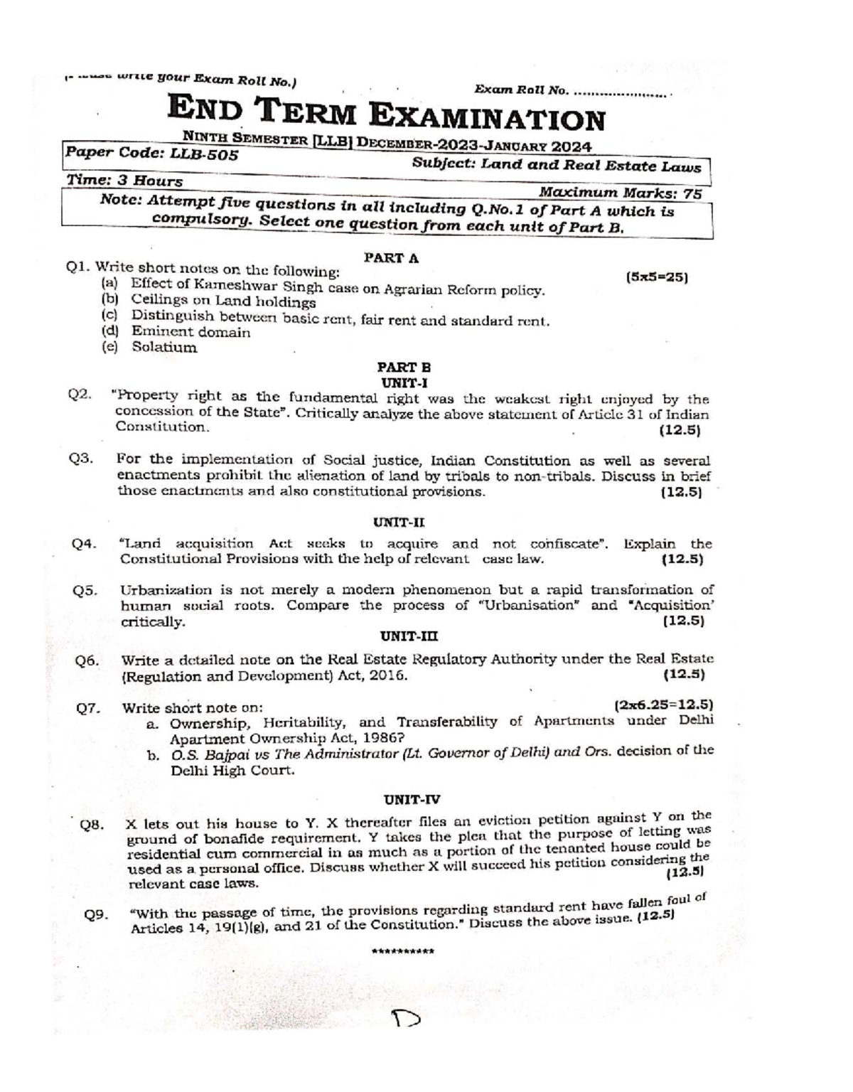 End Term Exam: Land and Real Estate Laws (LLB 505) - Ninth Semester ...