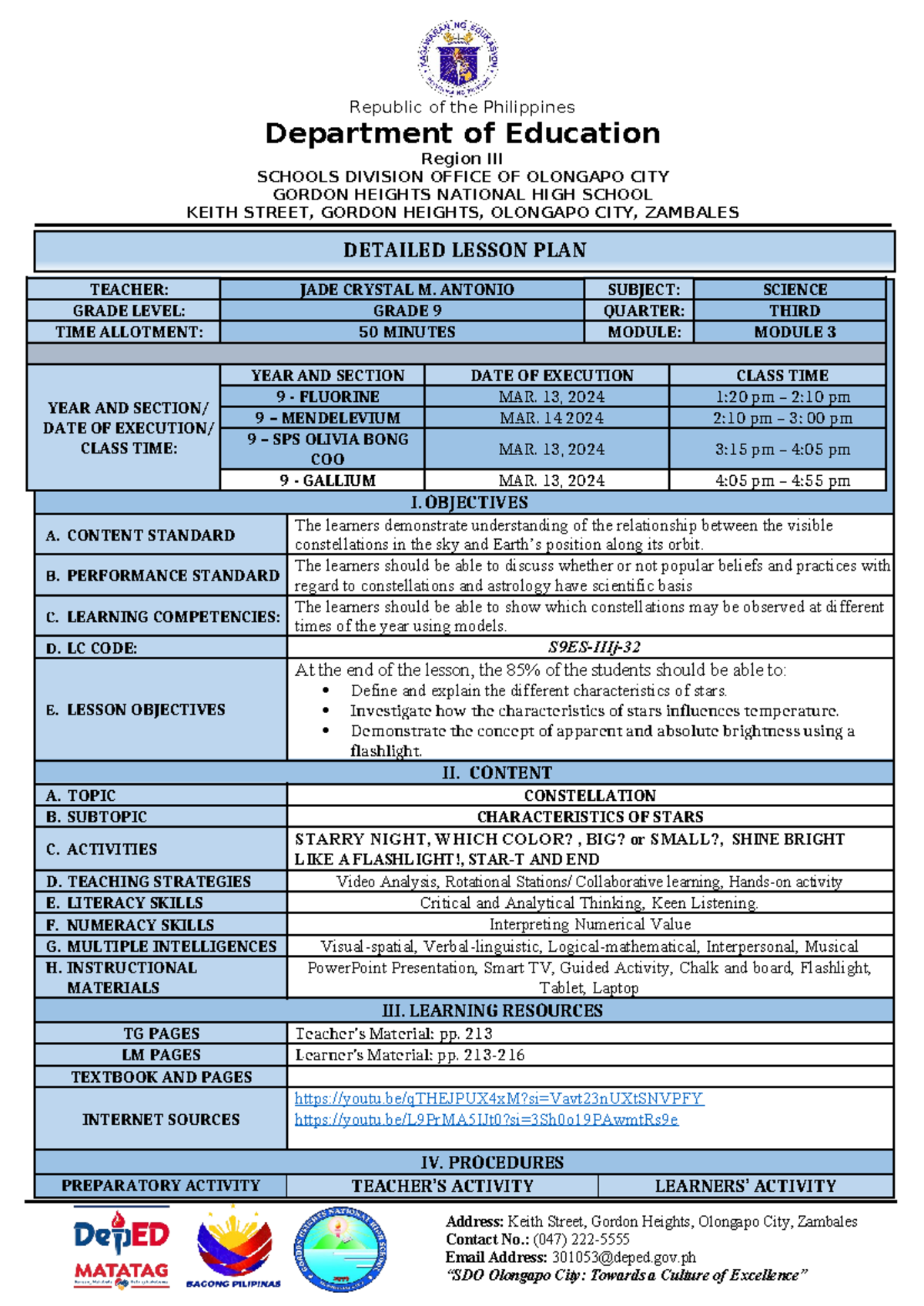 Week 5 - D1: Lesson Plan on Characteristics of Stars for Grade 9 ...