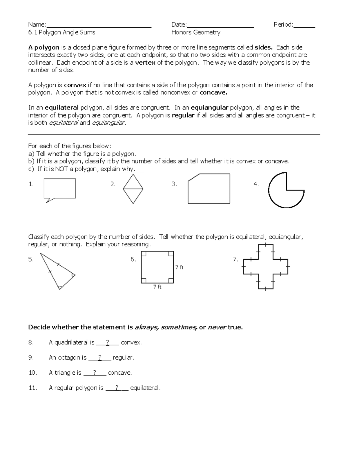 Polygon Angle Sums and Classifications - HNRS GEO 6.1 Notes - Studocu