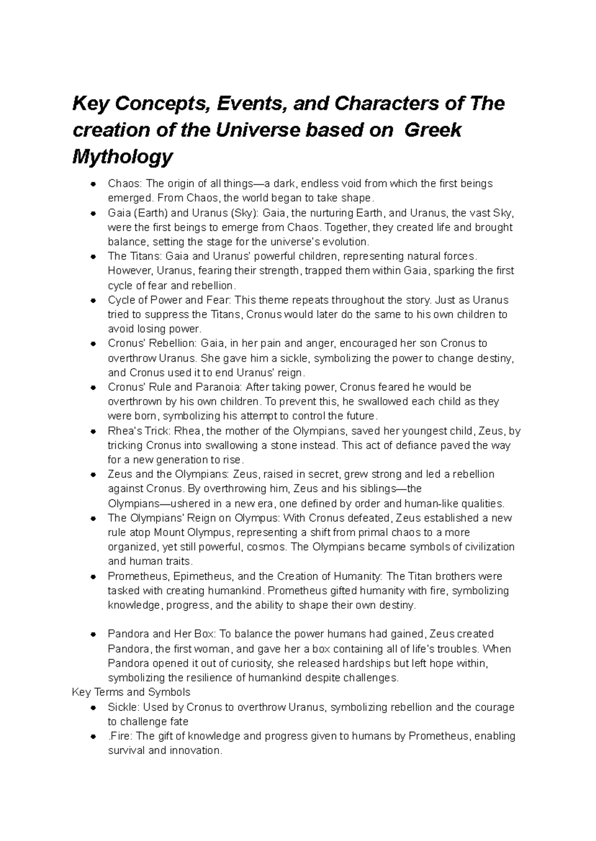 Key Concepts of Greek Mythology: Creation of the Universe - Studocu