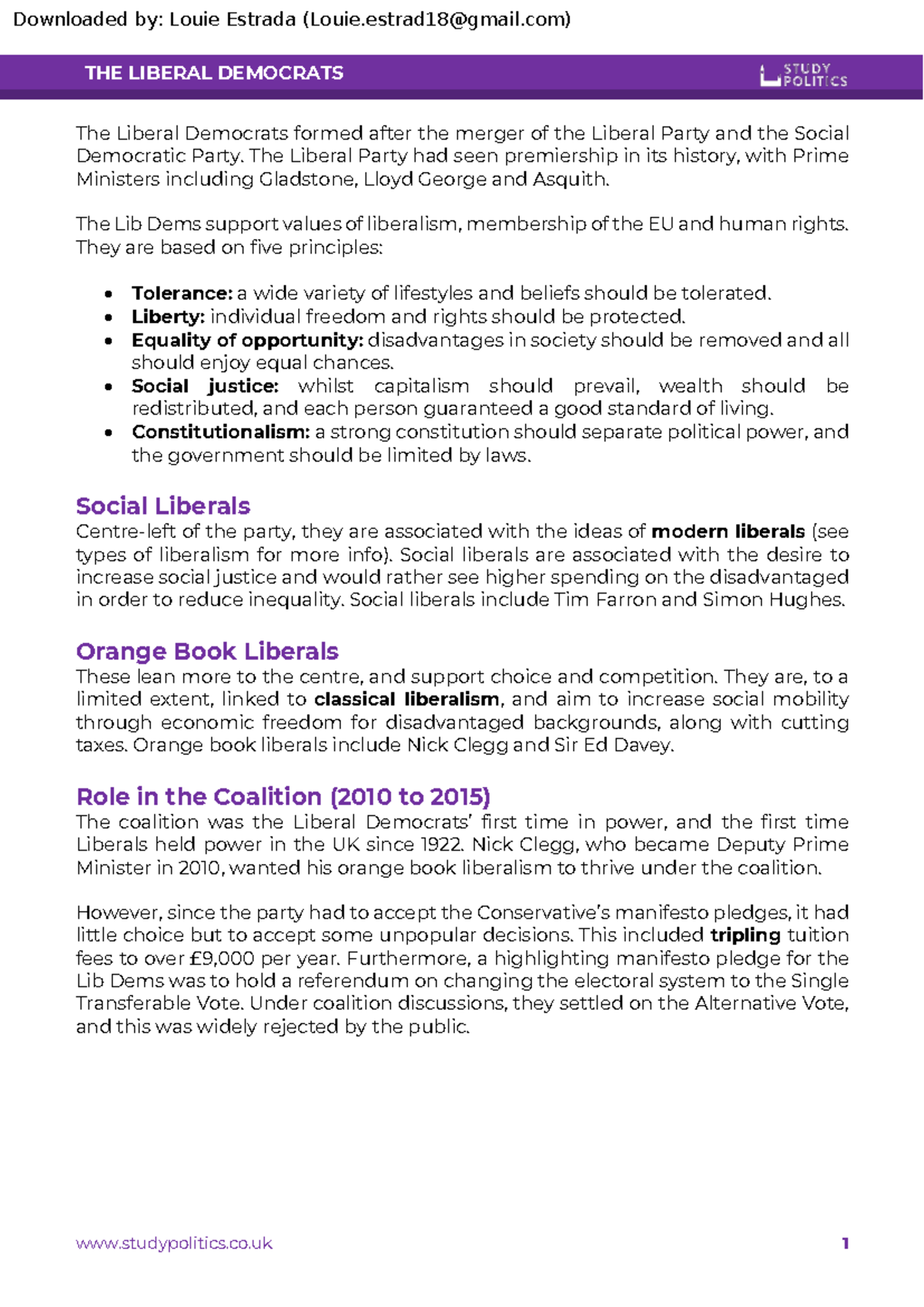The Liberal Democrats: History, Principles, and Coalition Role - Studocu