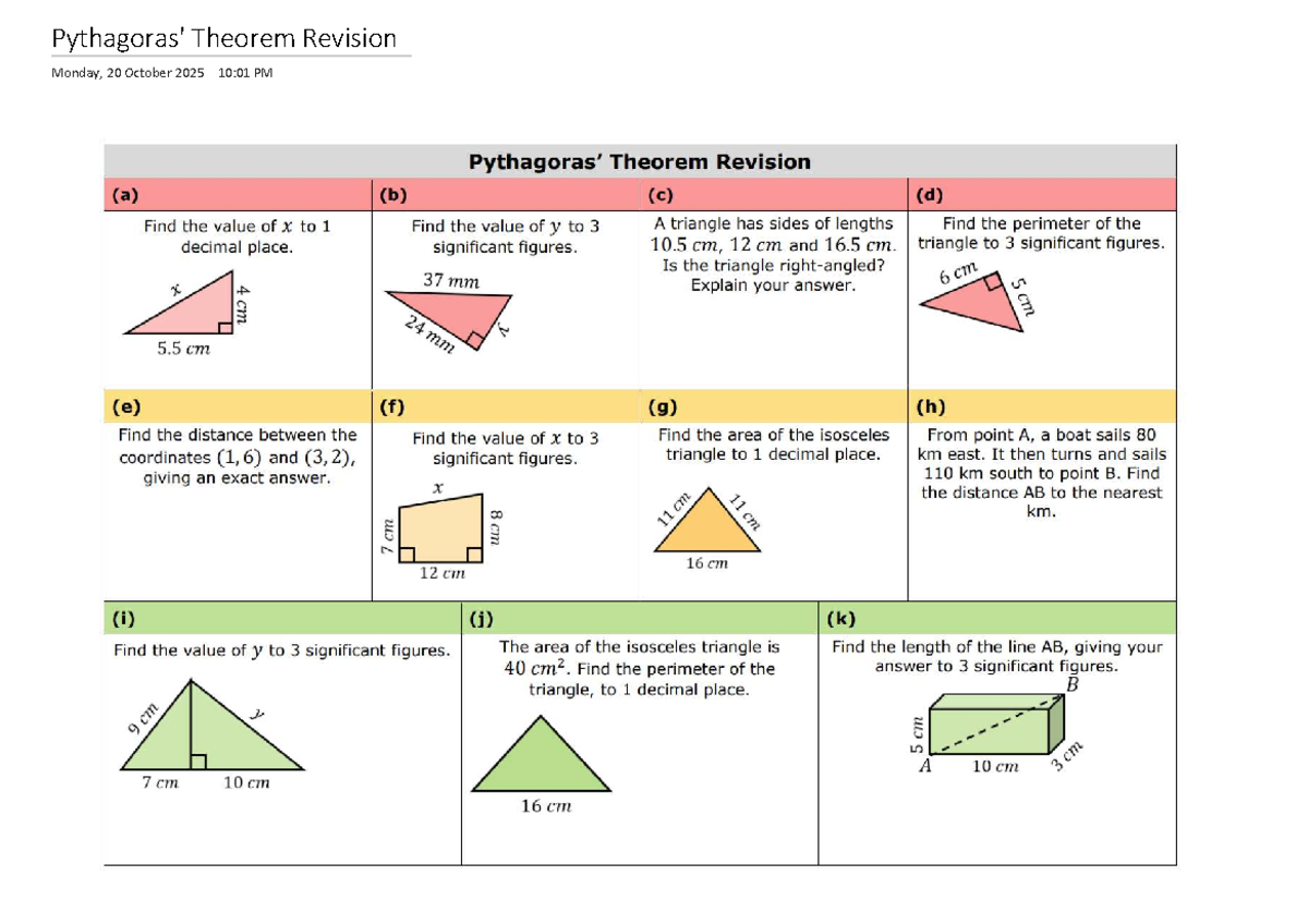 Pythagoras' Theorem Practice Sheet - Revision and Exercises - Studocu