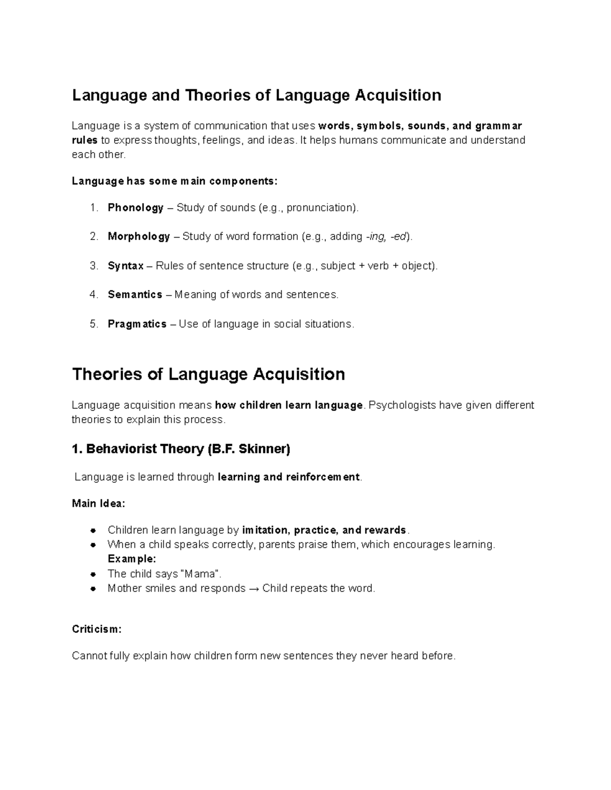 Cognitive Psychology Notes: Language Acquisition Theories and Concepts ...