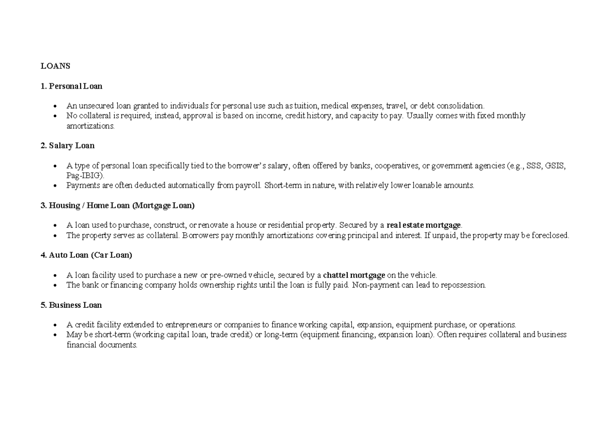 Comprehensive Guide to Loans: Types, Features, and Insights - Studocu