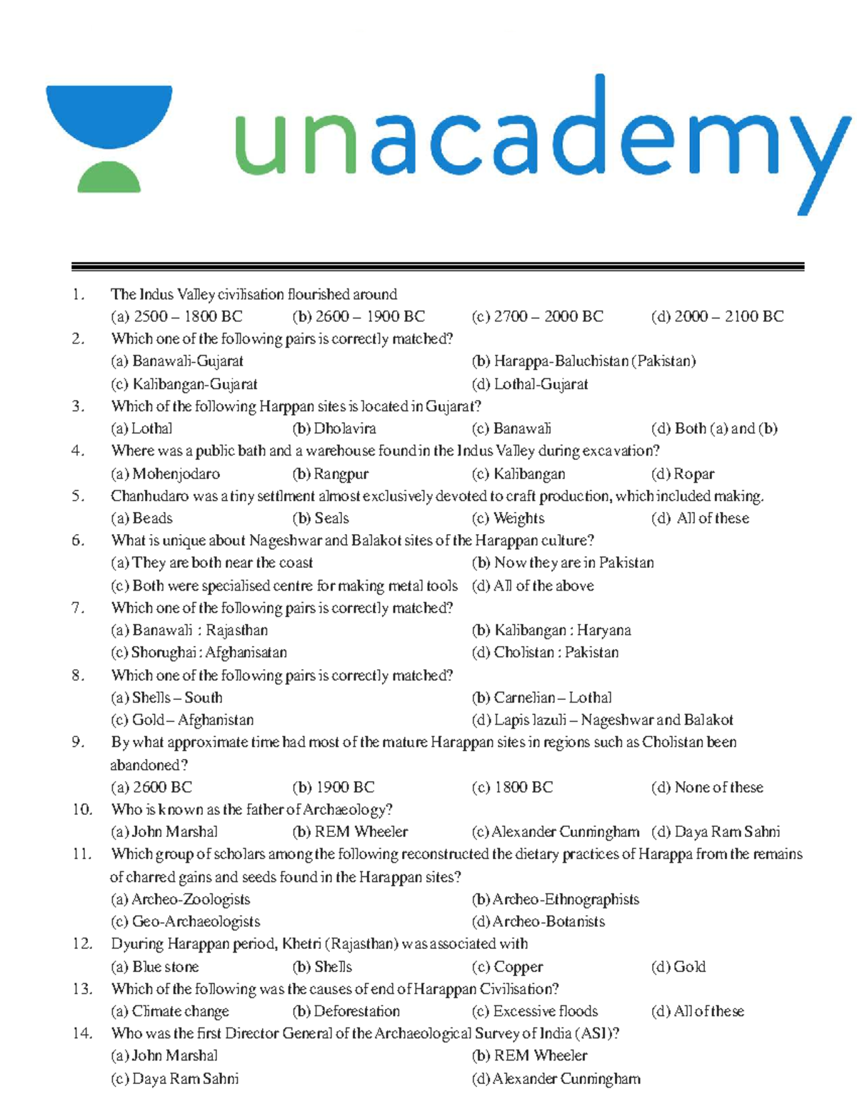 CLASS XII ARTS GEOGRAPHY (CUET) MCQs on Harappan Civilization and ...