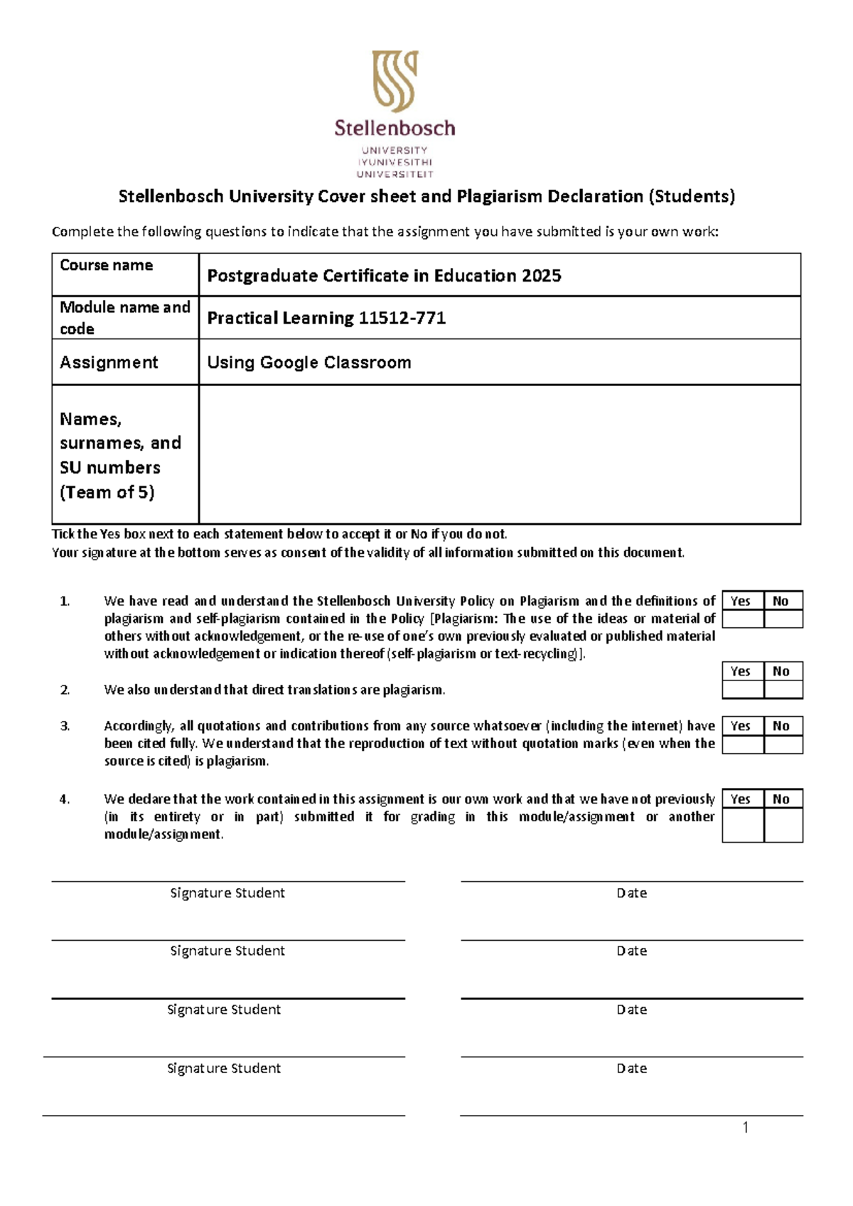 PGCE 2025 Google Classroom Assignment & Plagiarism Declaration - Studocu