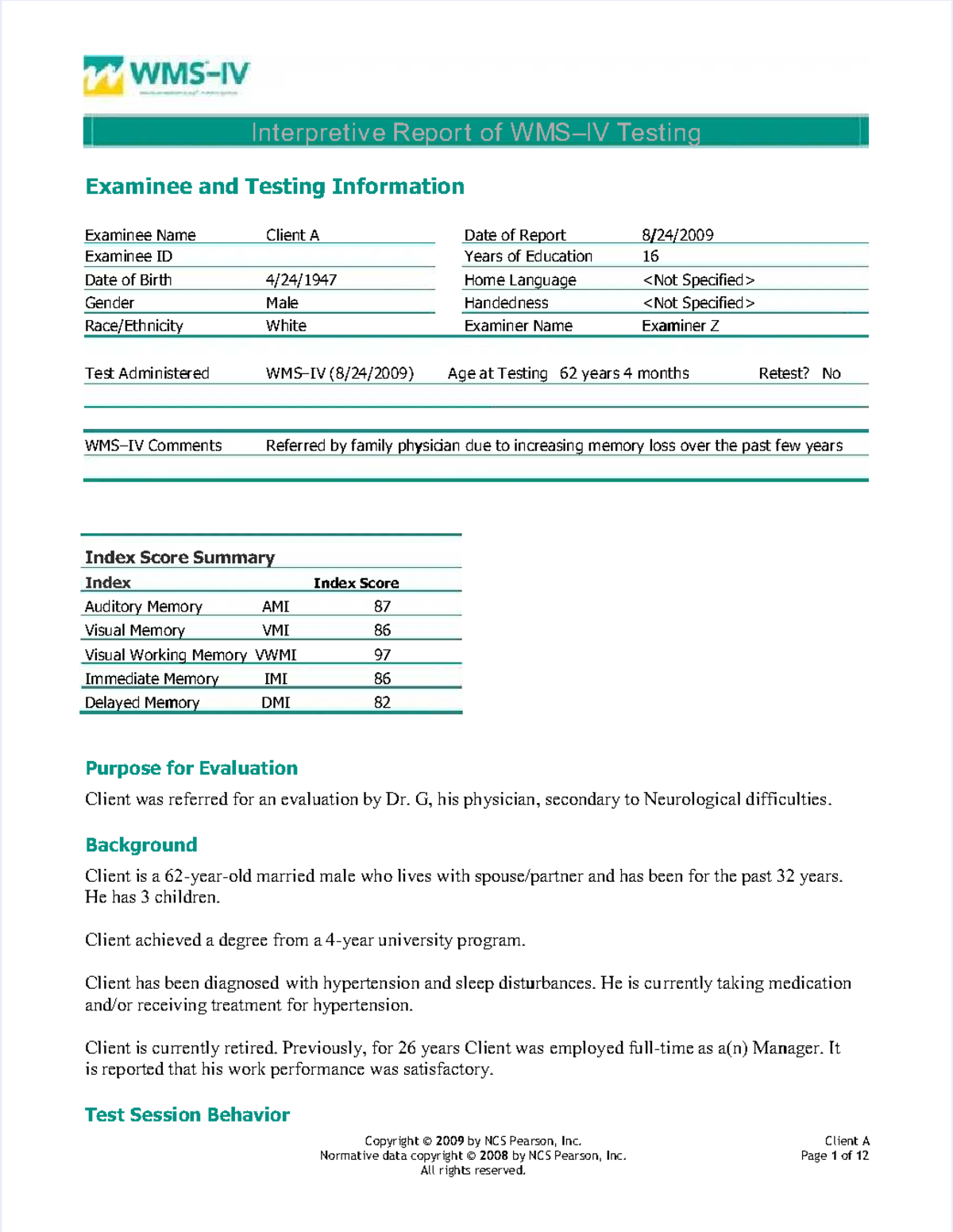 WMS-IV Interpretive Report for Client A: Evaluation Findings & Scores ...