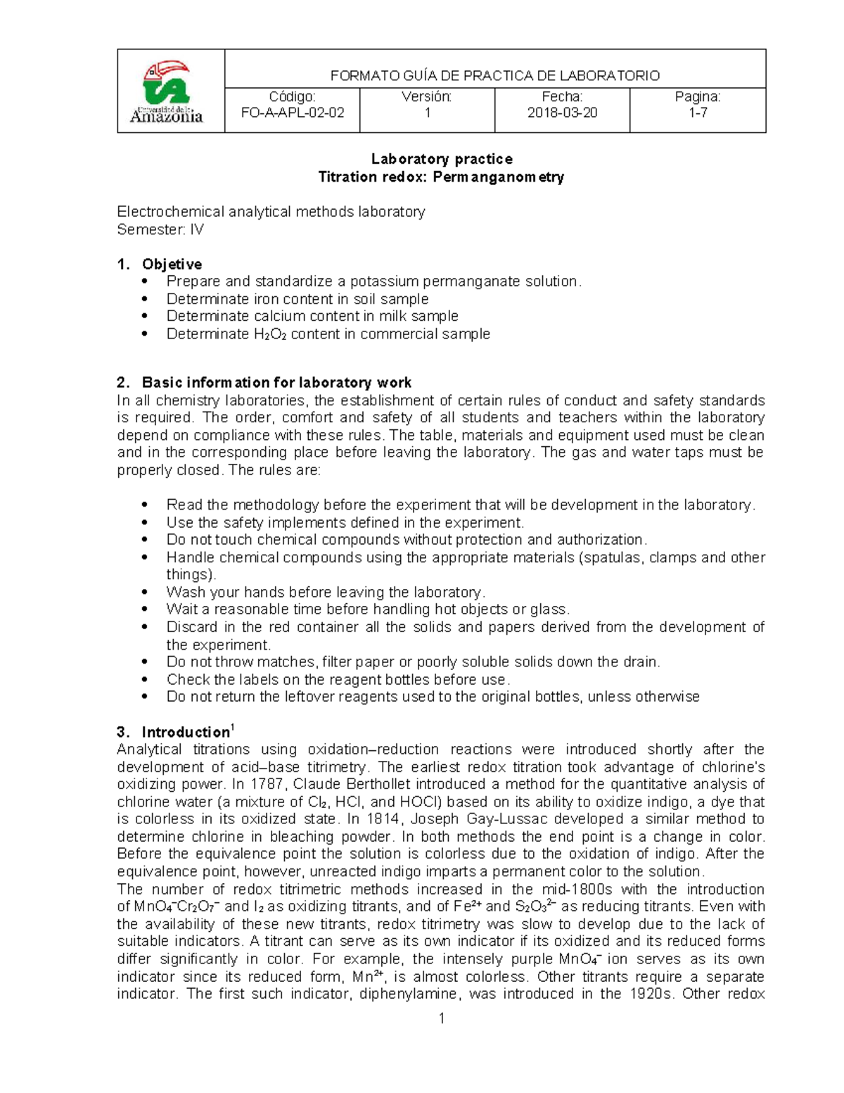 Redox Titration Lab Guide: Permanganometry (Lab IV) - Studocu