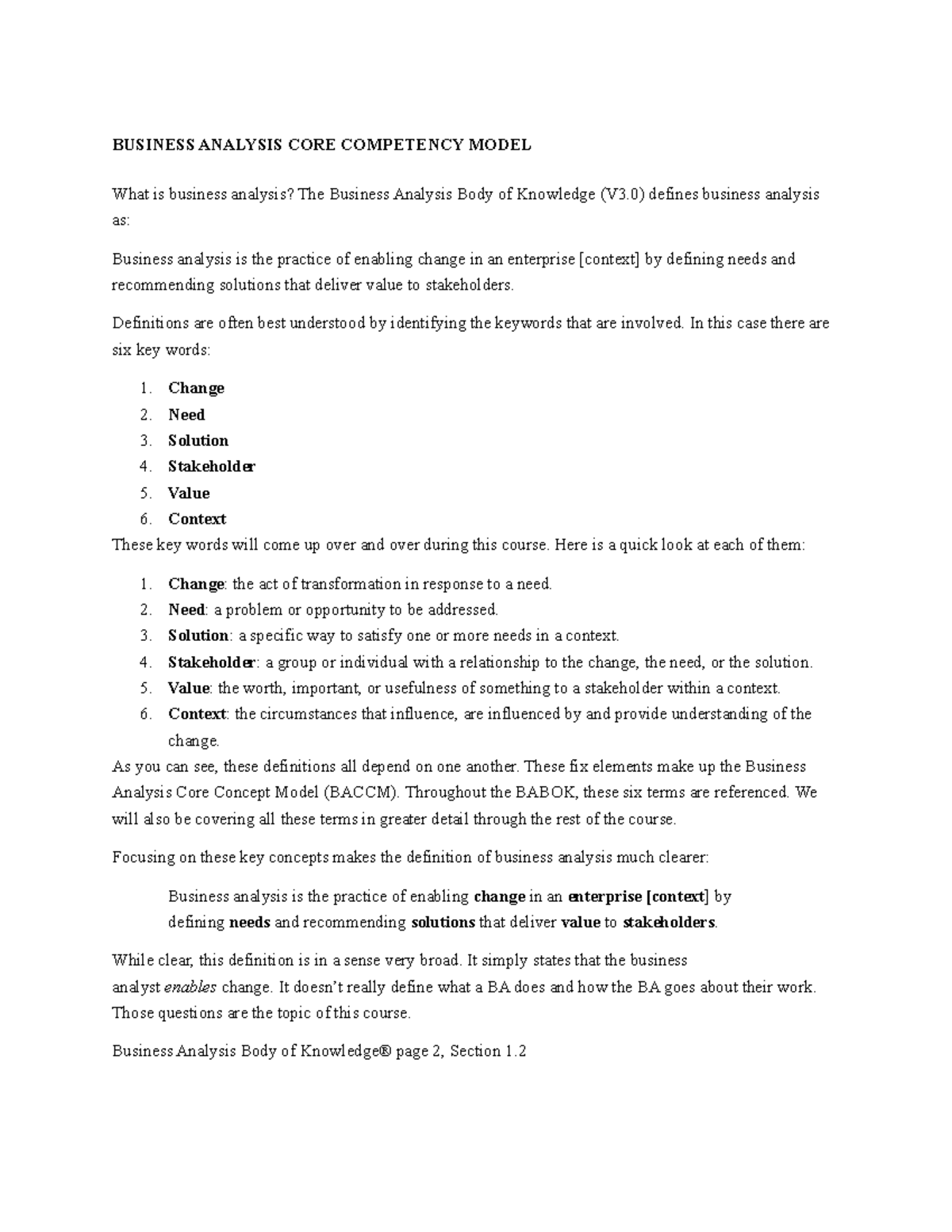 Business Analysis Core Competency Model - Course Notes (Module 1) - Studocu