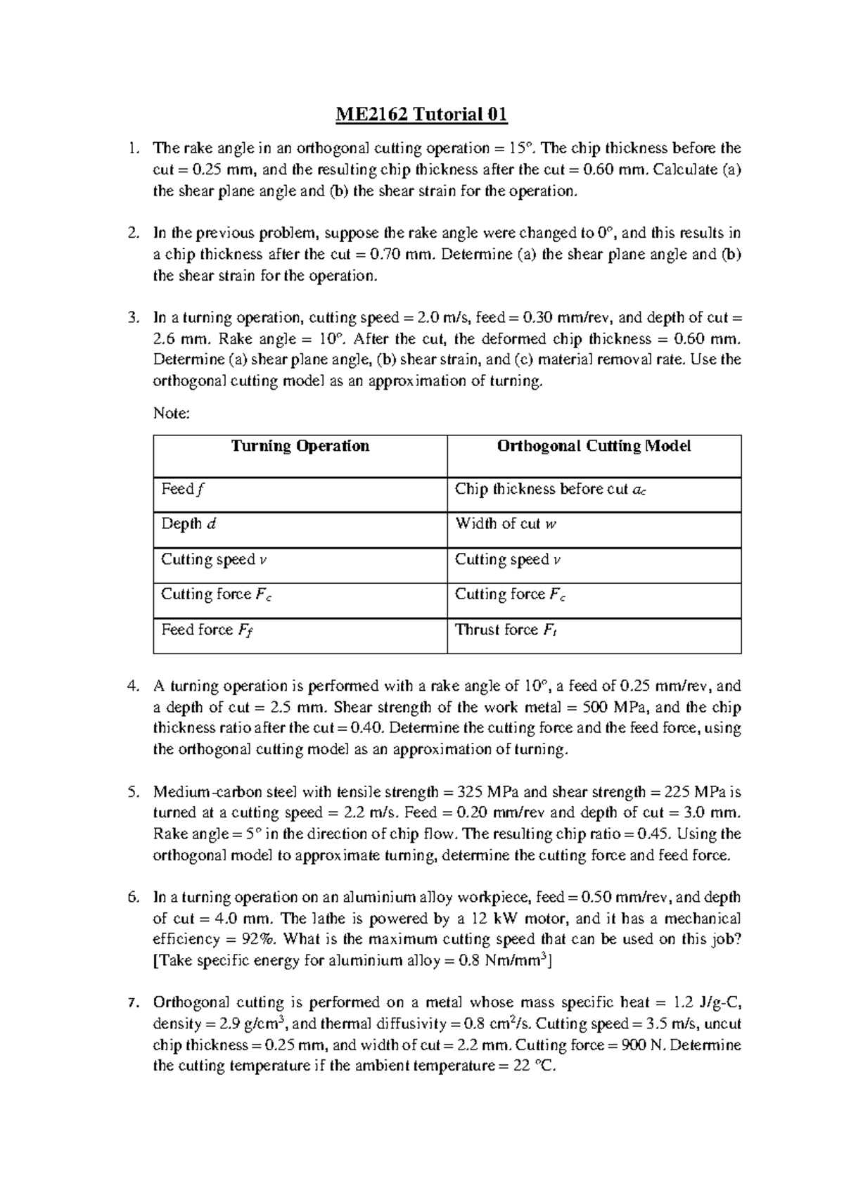 Tutorial 01 - ME2162 Tutorial 01 The rake angle in an orthogonal ...