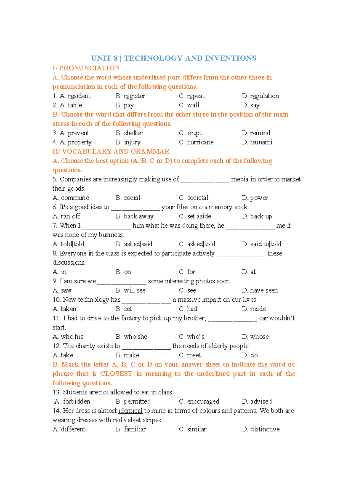 Unit 8 Test: Technology and Inventions Pronunciation & Vocabulary - Studocu