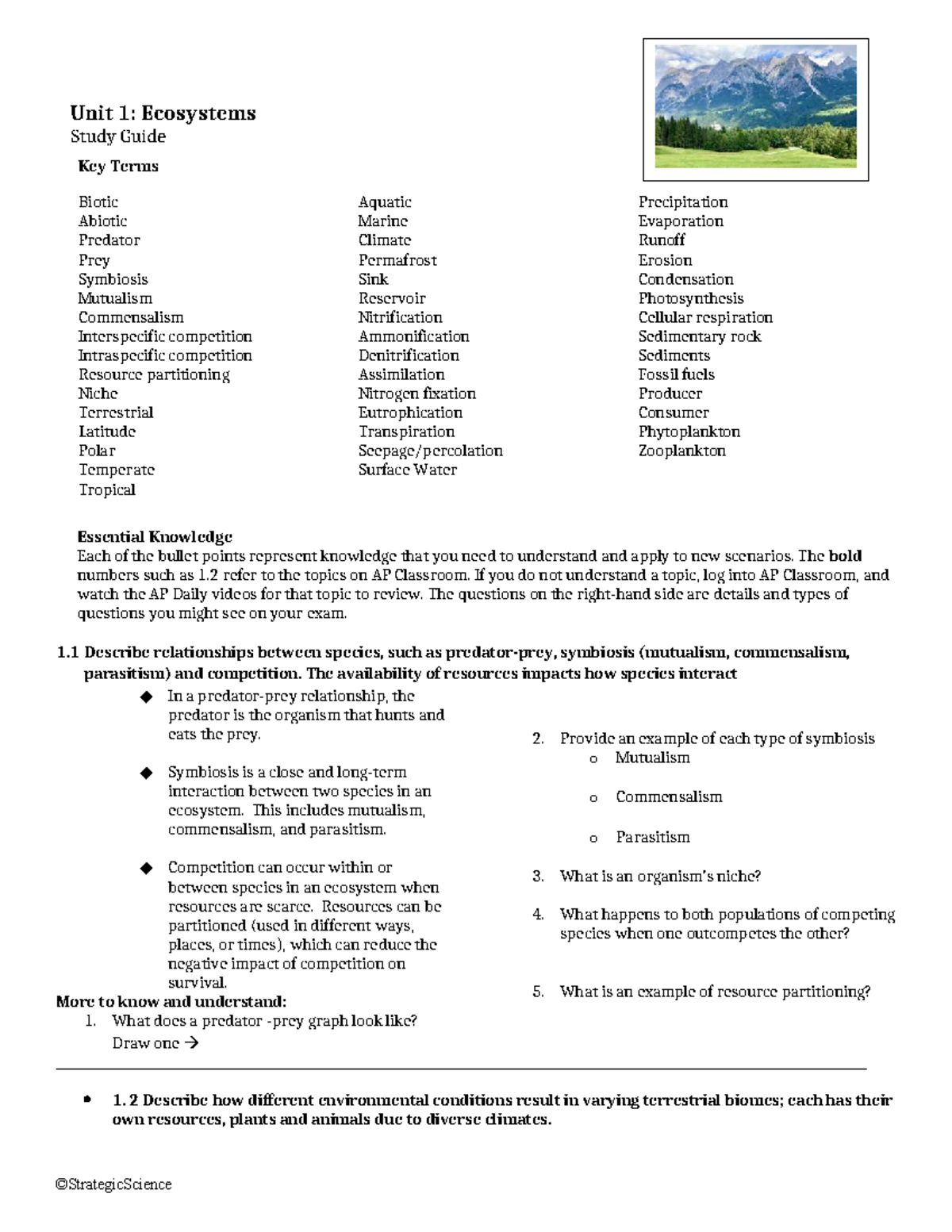 Unit 1 Study Guide - Unit 1: Ecosystems Study Guide Key Terms Biotic ...