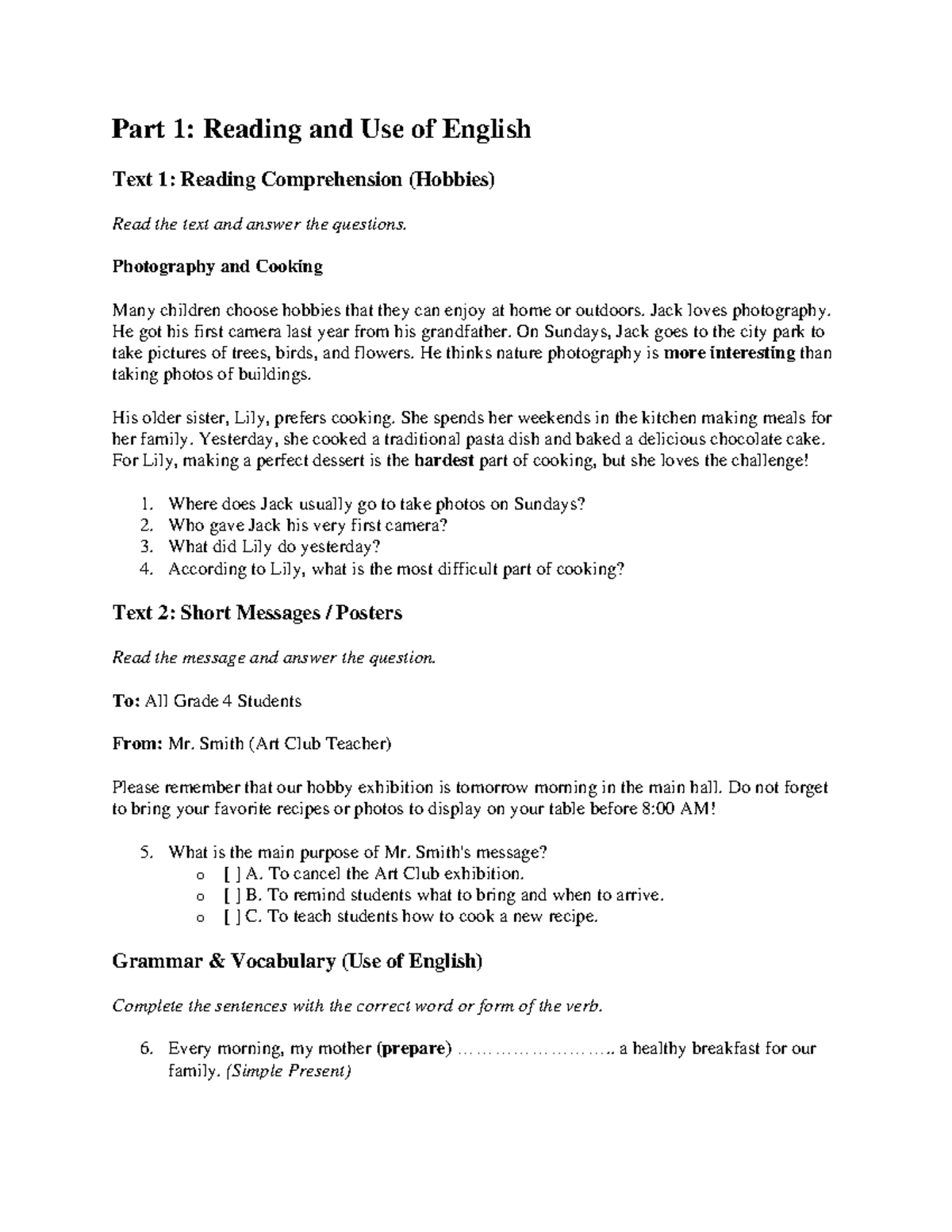 Part 1: Reading Comprehension on Hobbies (ENG 101) - Studocu