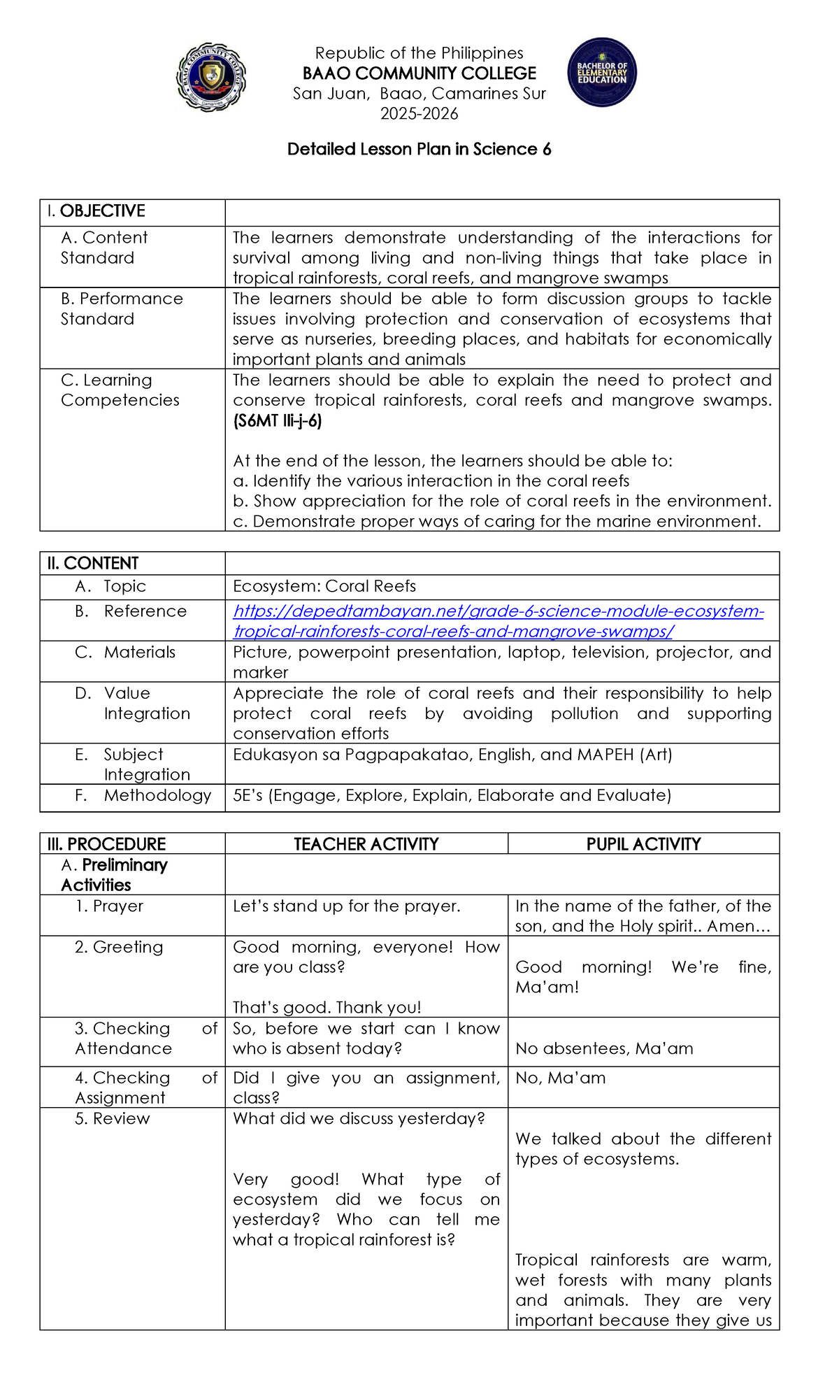 Detailed Lesson Plan in Science 6: Ecosystem and Coral Reefs - Studocu