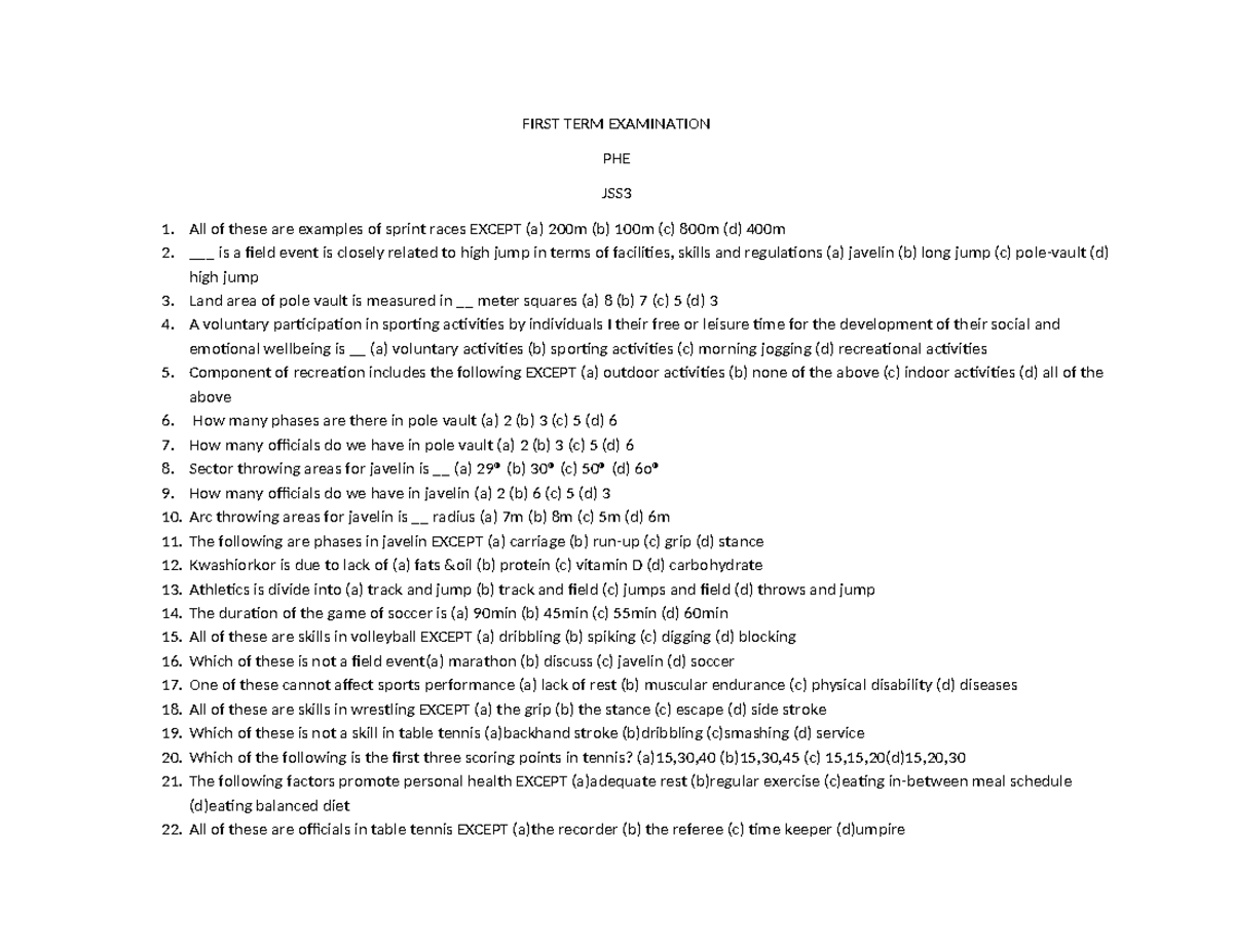 JSS-3 PHE & Maths First Term Exam Questions 2024 - Studocu