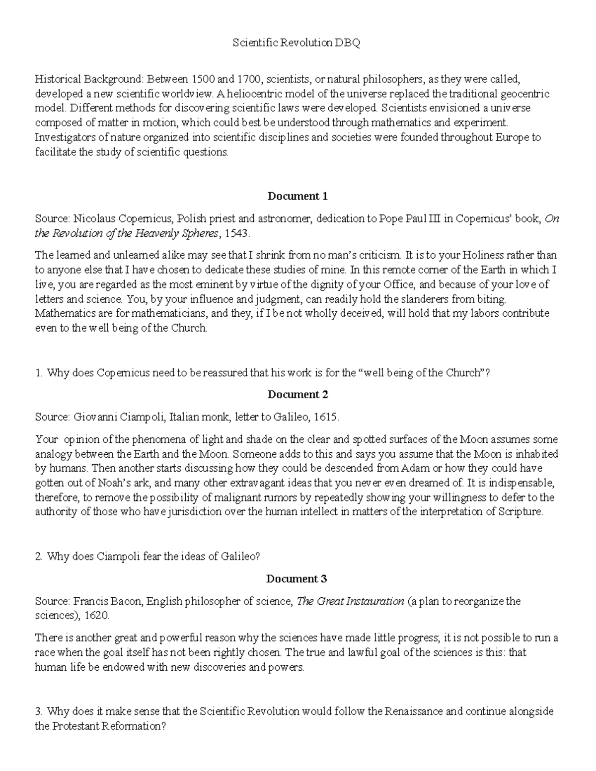 DBQ on the Scientific Revolution: Key Ideas and Perspectives - Studocu