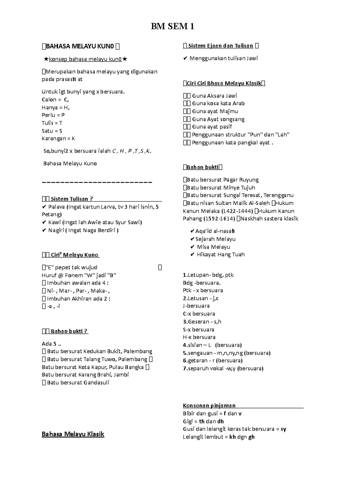Nota Ringkas: Bahasa Melayu Kuno dan Klasik Sem 1 - Studocu