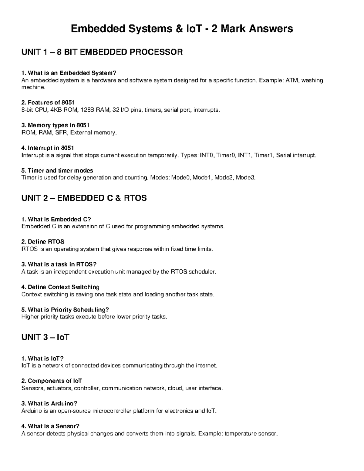 Embedded Systems IoT 2 Mark Answers: Key Concepts and Definitions - Studocu