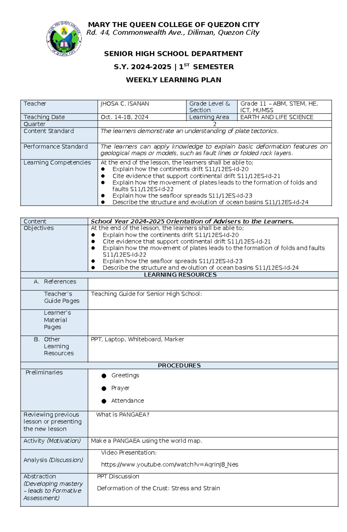 Q2-DLL WEEK 1 ELS - Daily Lesson Log for Earth and Life Science - Studocu