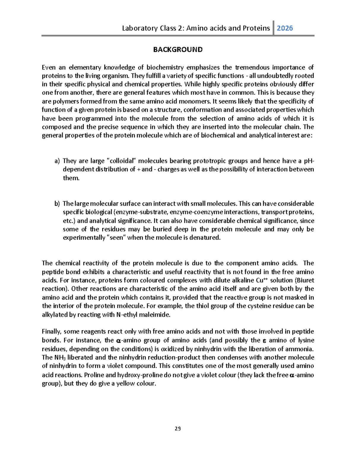 Laboratory Class 2: Amino Acids and Proteins Overview 2026 - Studocu