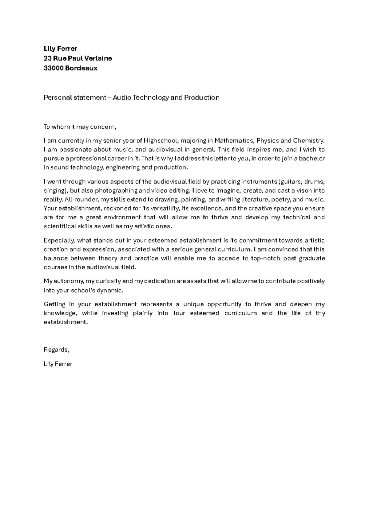 Personal Statement - Lily Ferrer 23 Rue Paul Verlaine 33000 Bordeaux ...