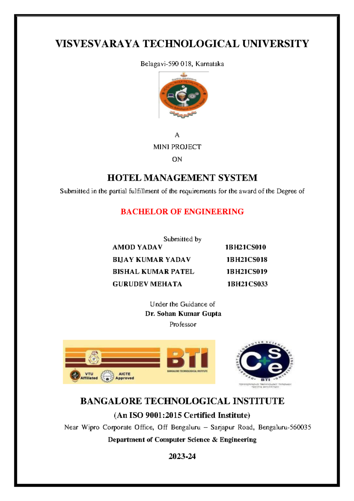 DBMS Mini-Project: Hotel Management System (HMS) - 5th Sem Report - Studocu