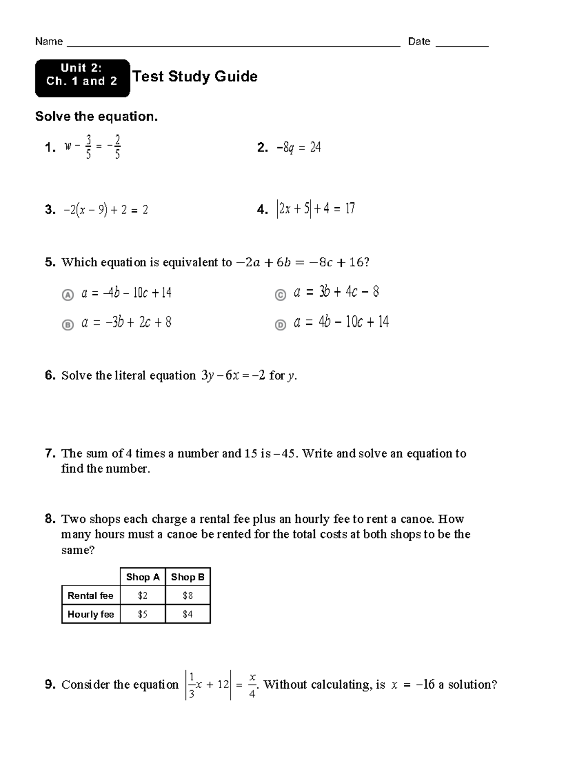 Unit 2: Ch. 1 & 2 Test Study Guide for Math Concepts - Studocu