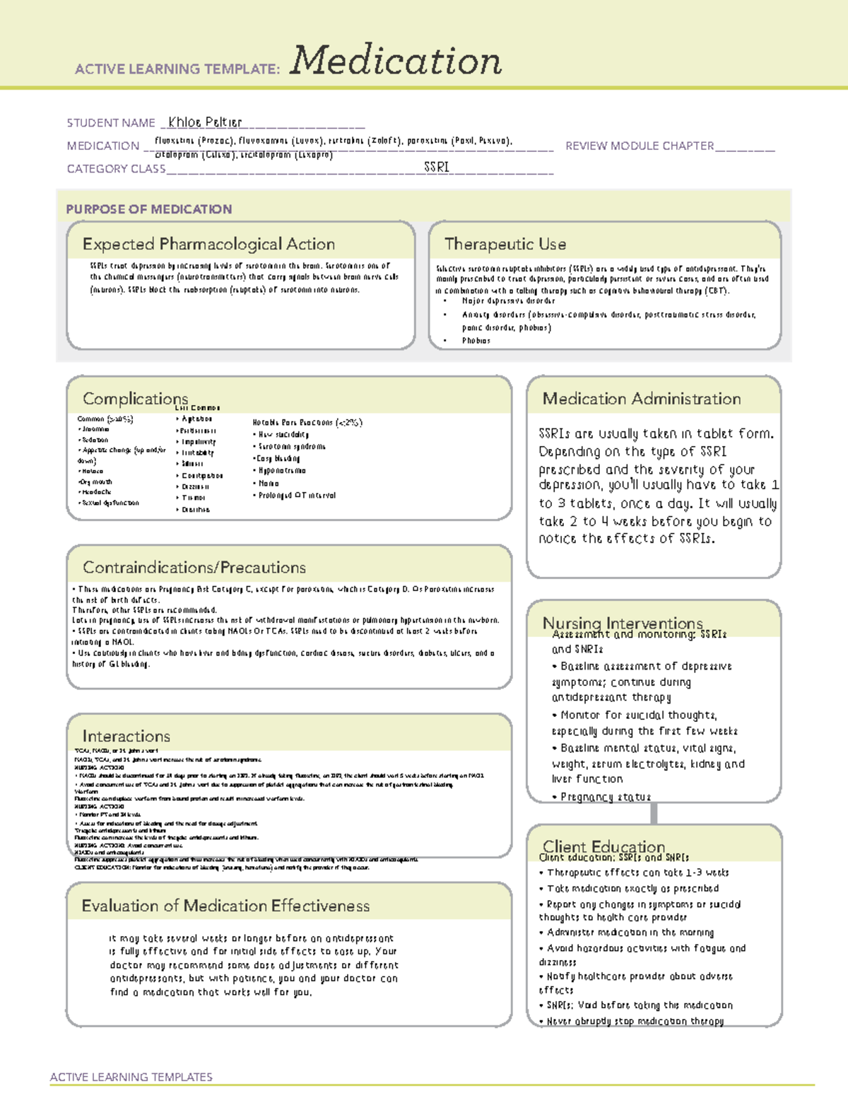SSRIs - Medication Card - ACTIVE LEARNING TEMPLATES Medication STUDENT ...