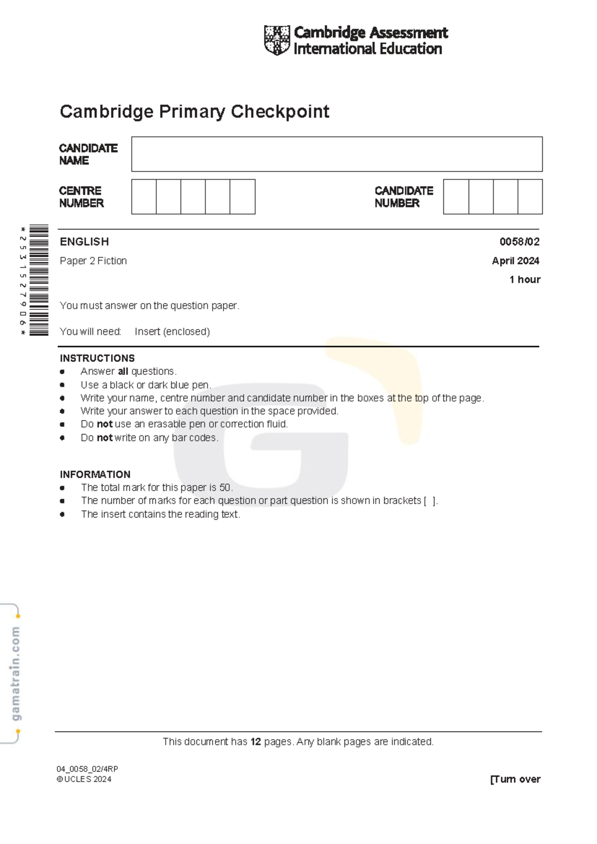 Cambridge Primary Checkpoint ENGLISH Paper 2 Fiction April 2024 - Studocu