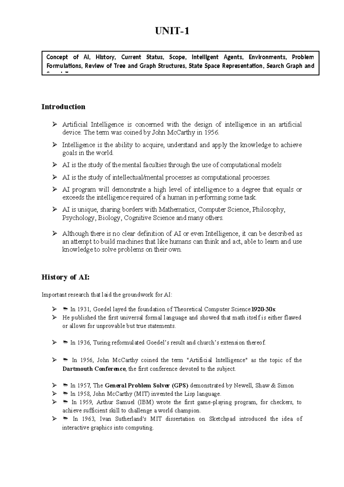 AI Unit-1 Lecture Notes - Overview of Artificial Intelligence Concepts ...