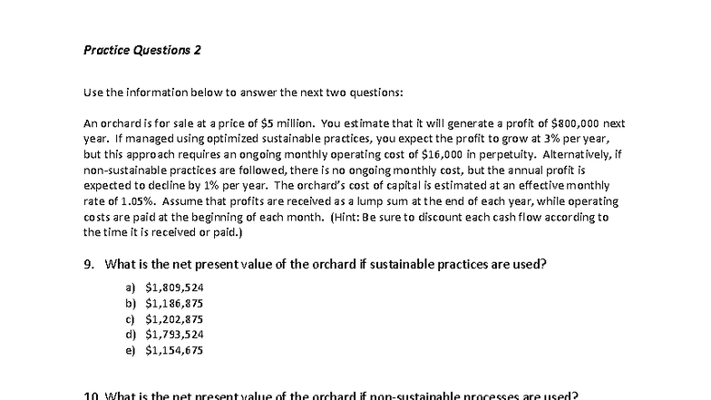 Practice Questions 2: NPV Analysis for Orchard Management (Final) - Studocu
