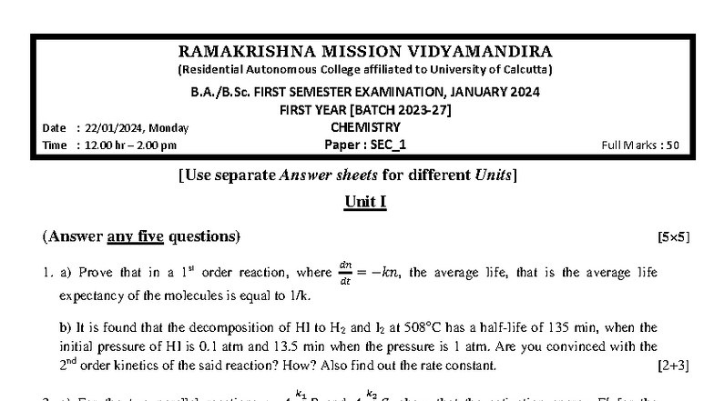 UG 1st SEM CEMA SEC-1 Chemistry Exam QP - Jan 2024 - Studocu