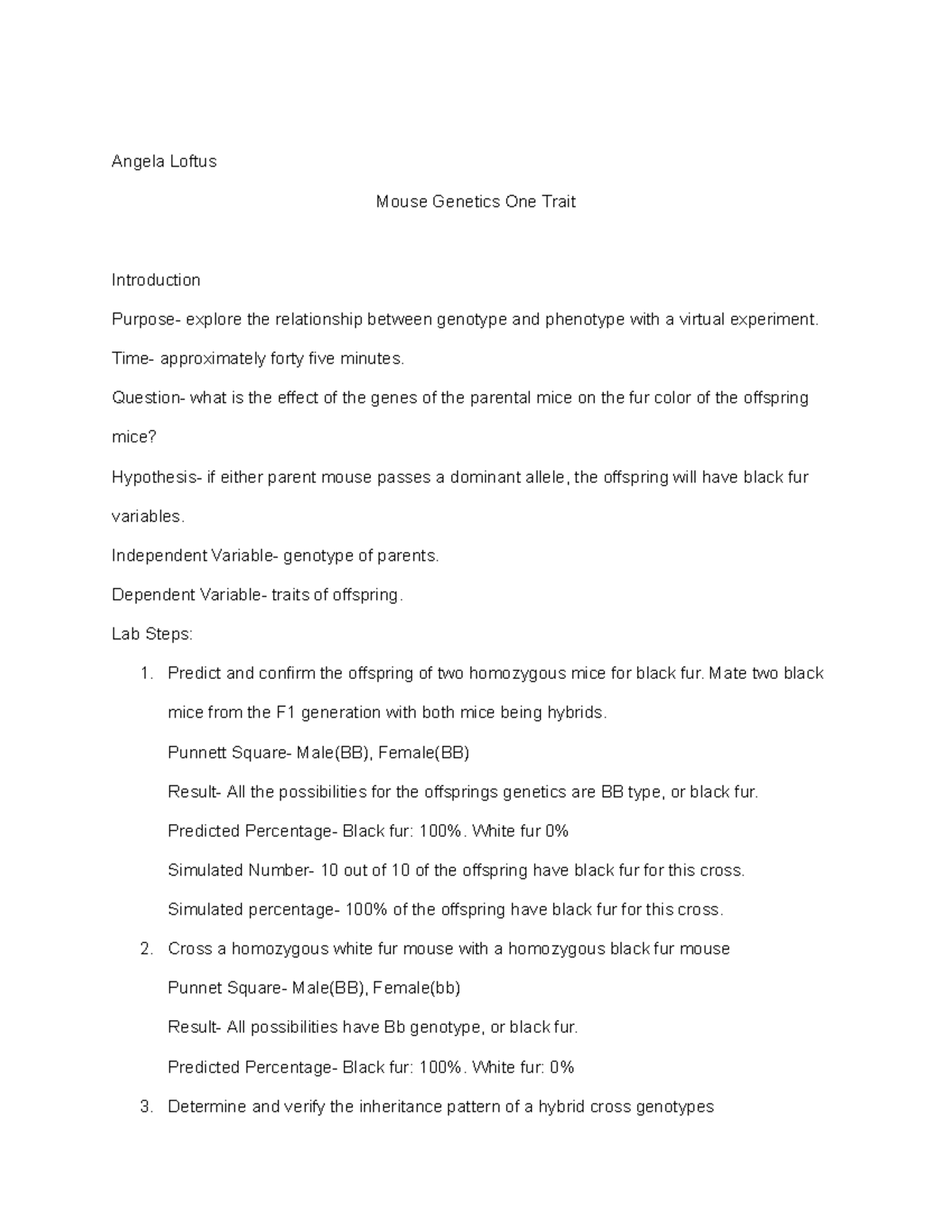 Mouse Lab Report - bhiooooooo - Angela Loftus Mouse Genetics One Trait ...