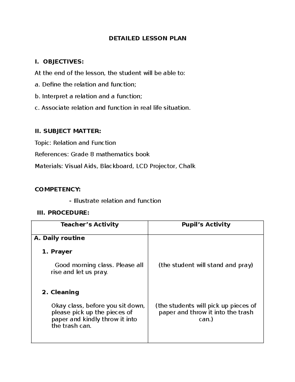Detailed Lesson Plan on Relation and Function for Grade 8 - Studocu